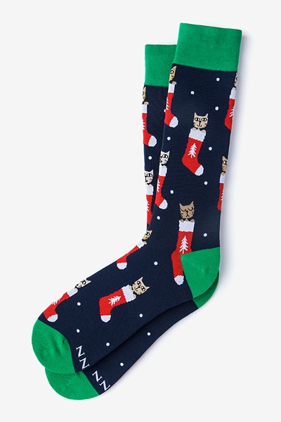 Navy Blue Carded Cotton Meowy Christmas Sock | Ties.com