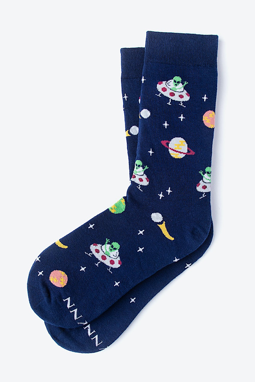 Navy Blue Carded Cotton We Come in Peace Sock | Ties.com