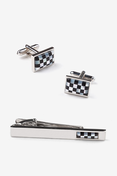 Silver Metal Checkered Rectangle Cufflink & Tie Bar Set | Ties.com